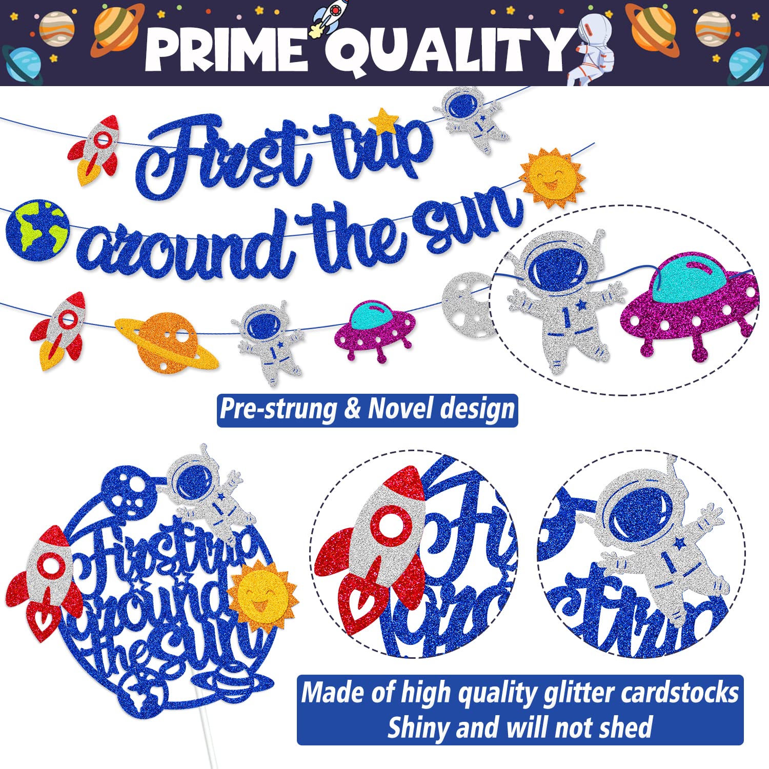 59 PCS First Trip Around The Sun Birthday Decoration First Outer Space Birthday Banner One Year Old Cake Topper Balloon Astronaut Universe Star Plant Rocket Solar System Theme Party Supplies