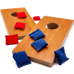 super fun, portable mini desktop cornhole set of 2. coated wood boards with 4 red 4 blue bags. gift for students, office employees or work from home. simple easy tabletop game for groups or solo!