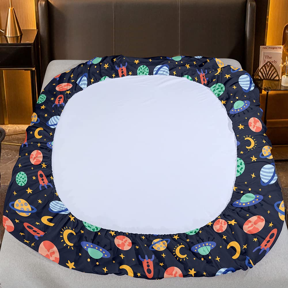 Color Planet Moon Star Flat Sheet Queen with 2 Pillowshames for Boys Girls Outer Space Universe Fitted Sheet Sets for Kids Spaceship Rocket Pattern Bedding Sheets