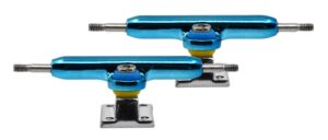 teak tuning prodigy pro inverted fingerboard trucks with gold colored locknuts & urethane tuning, electric blue colorway - 34mm width - inverted kingpin, solid axle style - tuned & assembled