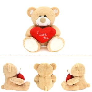 I Love You! 10'' Teddy Bear with Red Heart, Soft Plush Bear Doll Stuffed Animal Toys Valentines Day Decor Gifts for Her/Girlfriend Lover Mom Kids (Light Brown)