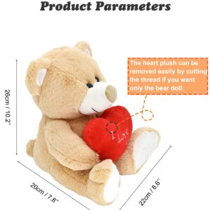 I Love You! 10'' Teddy Bear with Red Heart, Soft Plush Bear Doll Stuffed Animal Toys Valentines Day Decor Gifts for Her/Girlfriend Lover Mom Kids (Light Brown)