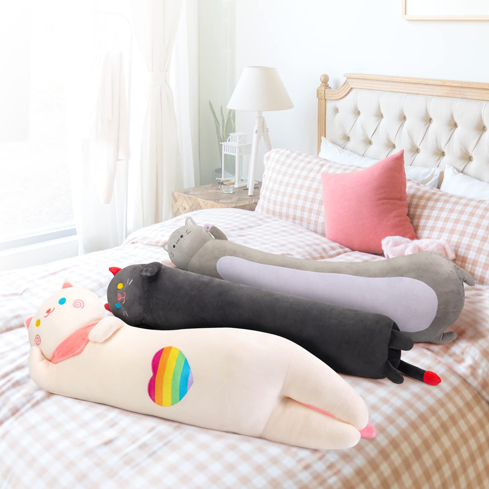 Mewaii Long Cat Plush Body Pillow, 20” Cute Black Cat Stuffed Animals Kawaii Soft Plushies, Kitten Plush Pillow Doll Toy Gift for Girls Boys