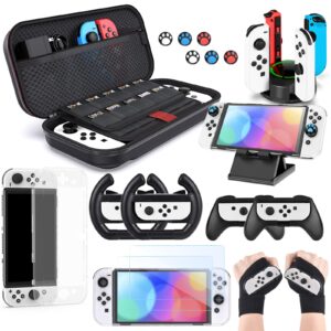 switch oled accessories bundle, innoaura 20 in 1 switch oled accessories kit include wrist straps, switch carry case, j-con charging dock, j-con grips & racing wheels