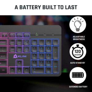 KLIM Light V2 Rechargeable Wireless Keyboard + New 2022 + Slim, Durable, Ergonomic + Backlit Wireless Gaming Keyboard for Laptop PC Mac PS4 PS5 Xbox One + Long-Lasting Built-in Battery (Renewed)