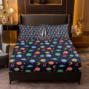 Color Planet Moon Star Flat Sheet Queen with 2 Pillowshames for Boys Girls Outer Space Universe Fitted Sheet Sets for Kids Spaceship Rocket Pattern Bedding Sheets