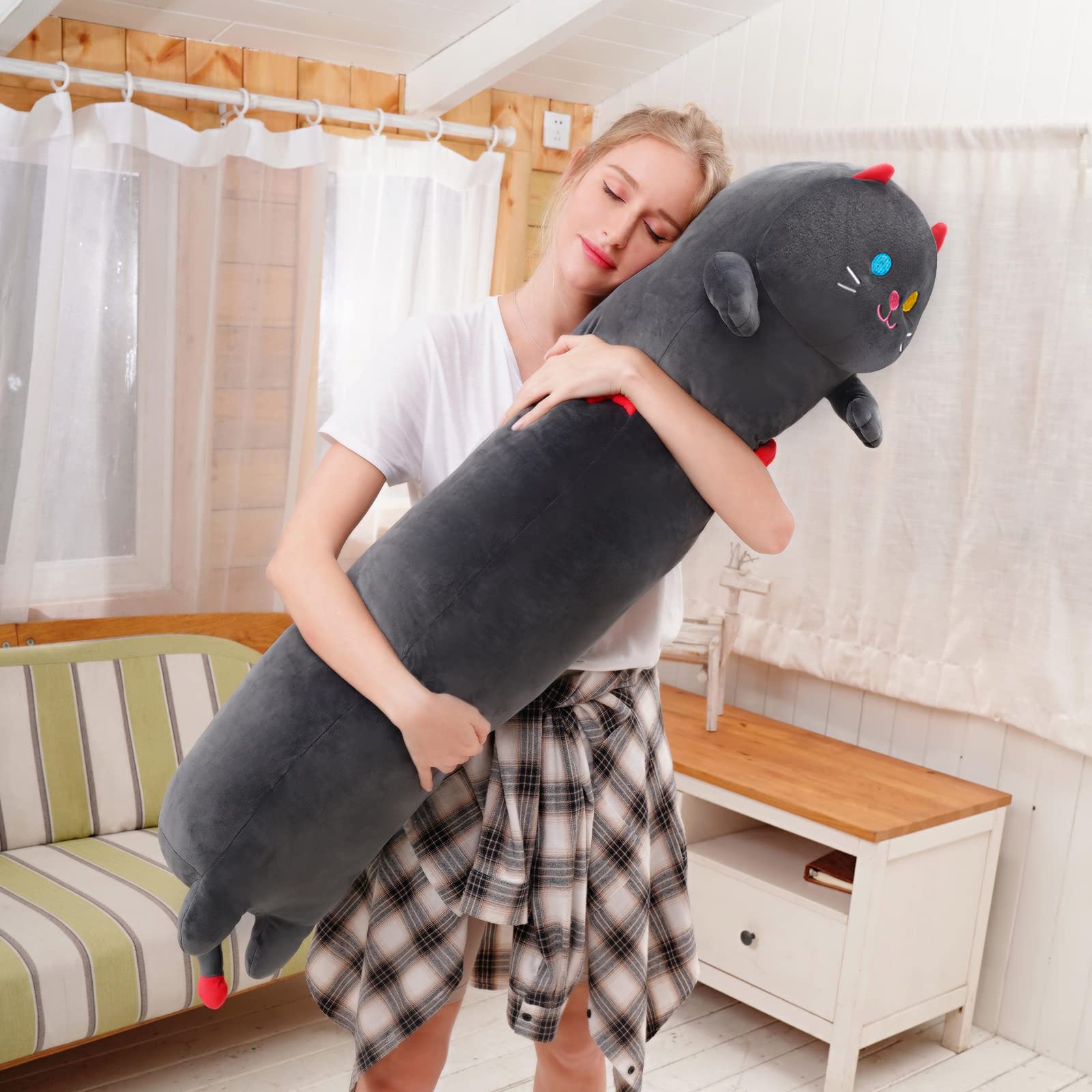 Mewaii Long Cat Plush Body Pillow, 20” Cute Black Cat Stuffed Animals Kawaii Soft Plushies, Kitten Plush Pillow Doll Toy Gift for Girls Boys