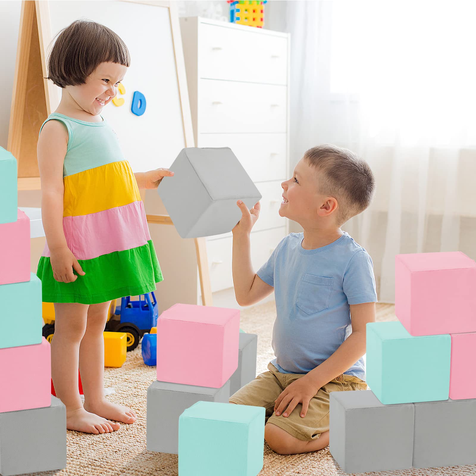 TRENDBOX 6 Pcs Toddler Foam Blocks, 5.5inch Soft Foam Cubes Blocks with Detachable Washable Cover, Soft Play Blocks for Toddlers and Kid （Light Gray/Pink/Blue）…