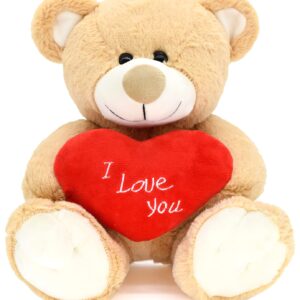 I Love You! 10'' Teddy Bear with Red Heart, Soft Plush Bear Doll Stuffed Animal Toys Valentines Day Decor Gifts for Her/Girlfriend Lover Mom Kids (Light Brown)