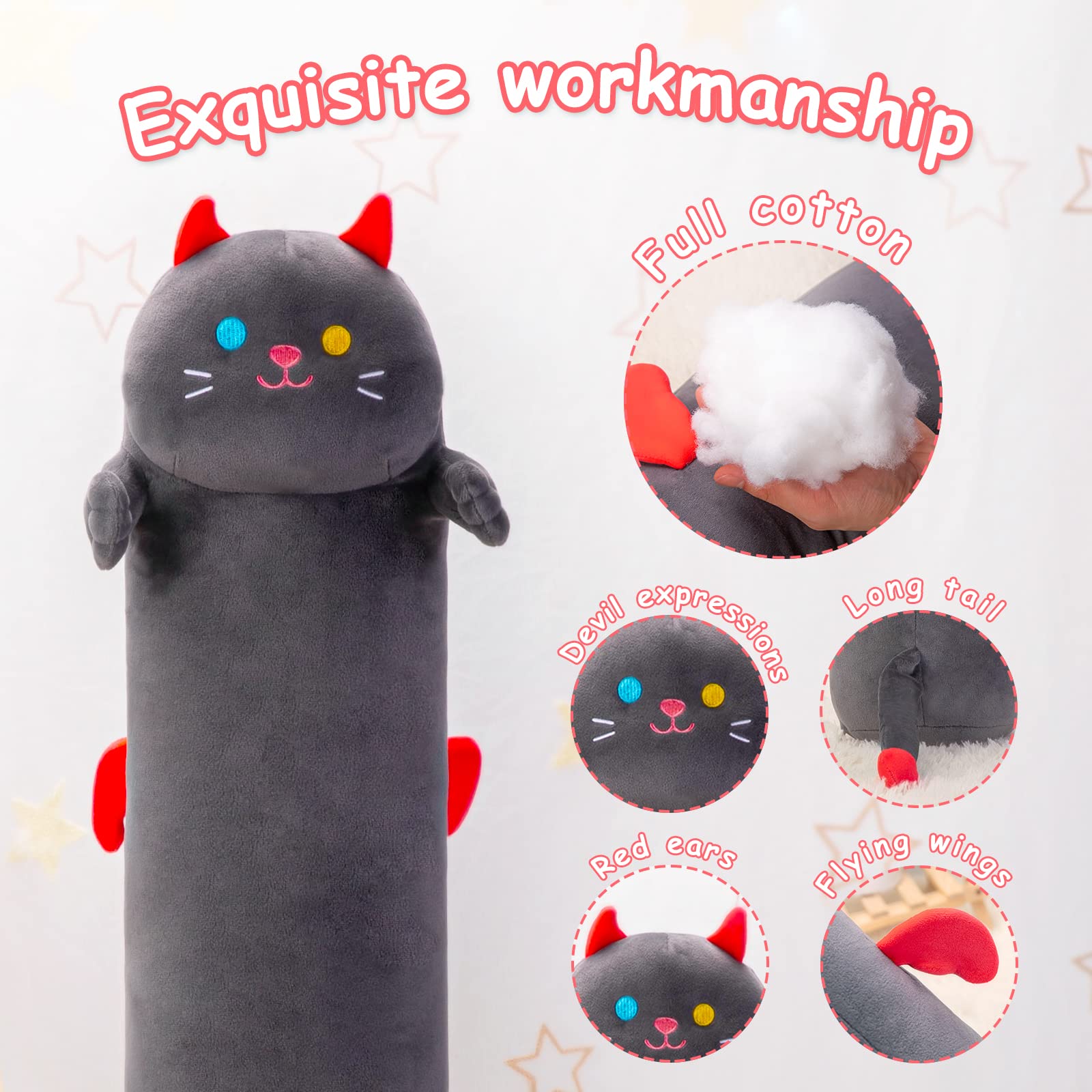 Mewaii Long Cat Plush Body Pillow, 20” Cute Black Cat Stuffed Animals Kawaii Soft Plushies, Kitten Plush Pillow Doll Toy Gift for Girls Boys