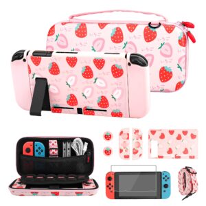 fundiary cute strawberry carrying case for nintendo switch, travel bag accessories bundle for switch with protective case, screen protector, adjustable shoulder strap and 2 strawberry thumb caps