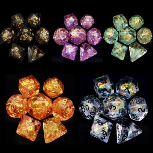 haxtec filled resin dnd dice w/iridescent mylar foil bundle