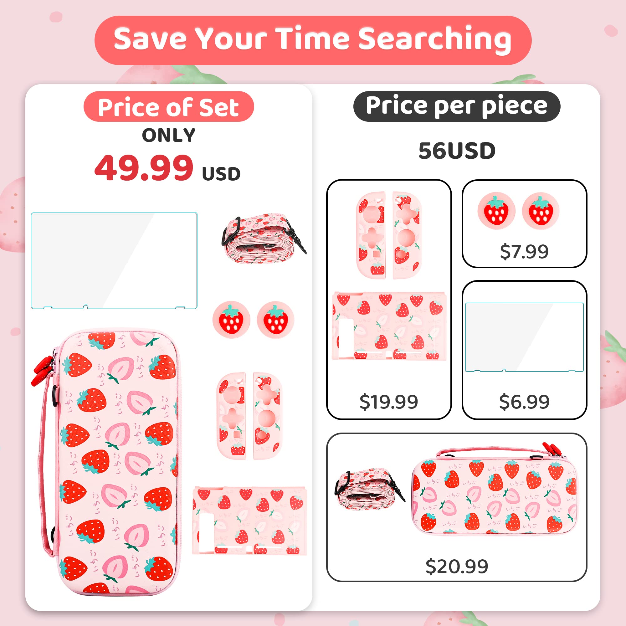 FUNDIARY Cute Strawberry Carrying Case for Nintendo Switch, Travel Bag Accessories Bundle for Switch with Protective Case, Screen Protector, Adjustable Shoulder Strap and 2 Strawberry Thumb Caps