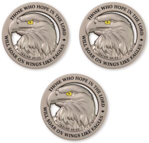 american bald eagle challenge coin, bulk pack of 3 christian pocket tokens, isaiah 40:31 bible study supplies for men, religious worry & edc coins for police & military veterans