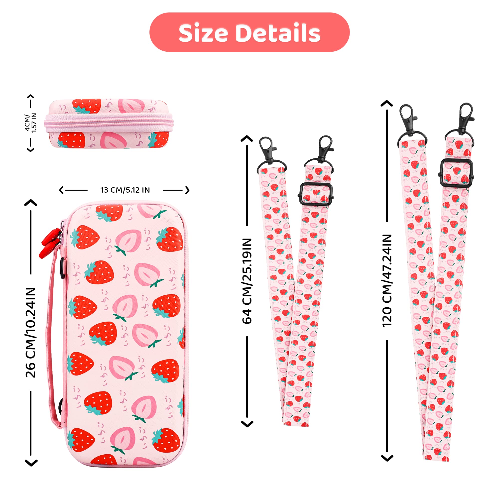 FUNDIARY Cute Strawberry Carrying Case for Nintendo Switch, Travel Bag Accessories Bundle for Switch with Protective Case, Screen Protector, Adjustable Shoulder Strap and 2 Strawberry Thumb Caps