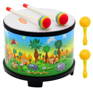 crafteem floor tom drum for kids 8-inch percussion instrument music drum with 2 mallets and color maracas for baby children special christmas birthday toy gift