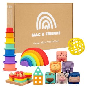 mac & friends 5-in-1 montessori toy set designed by parents | great gift for baby shower, new sibling or birthday party | educational soft sensory toys for 0 months to 3+ years