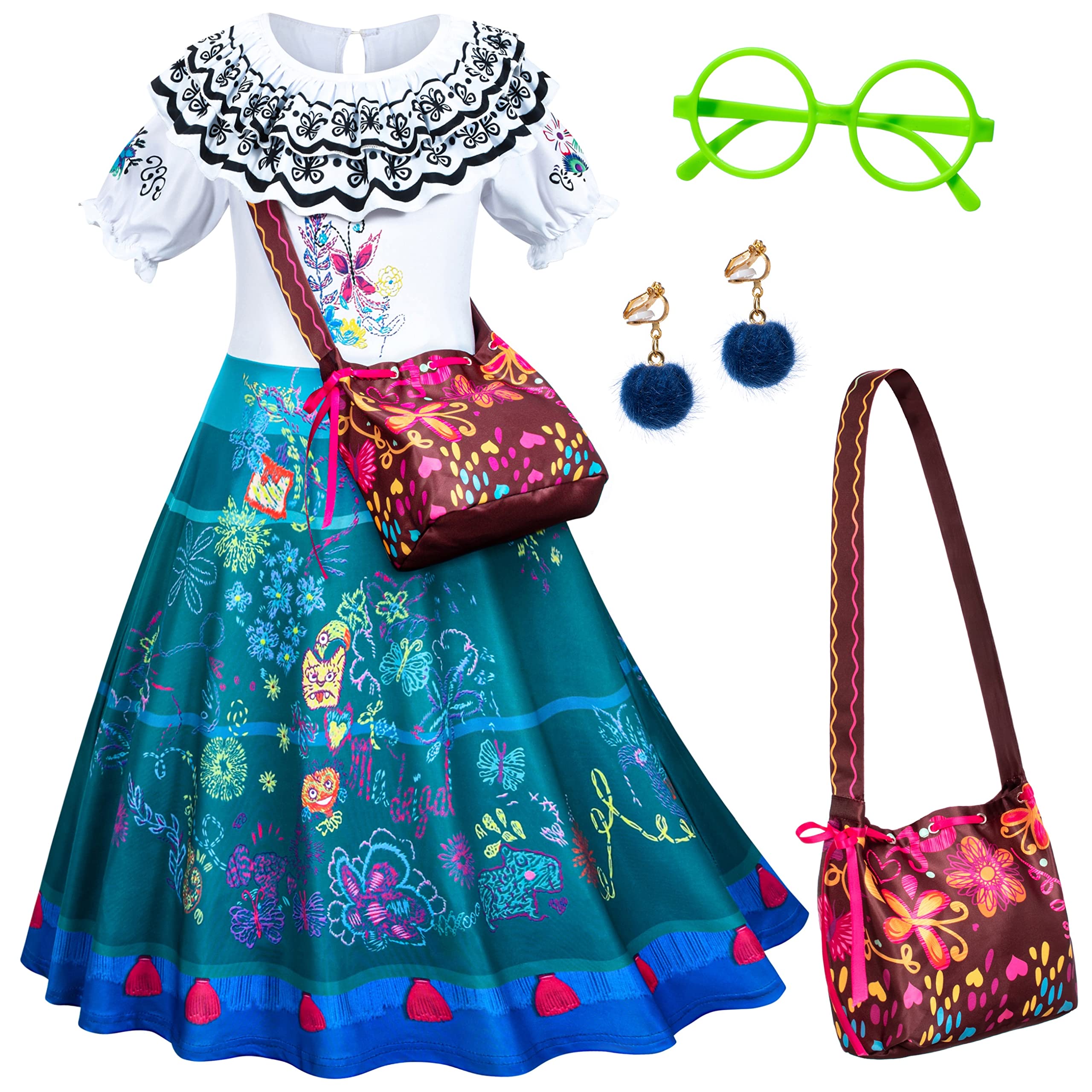 Kaisebile Princess Dress for Girls Birthday Halloween Dress Up with Bag Glasses Earrings 6-7 Years