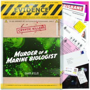 unsolved murder mystery game - cold case files investigation - cryptic killers - detective clues/evidence - solve the crime - individuals, date nights & party groups - murder of a marine biologist