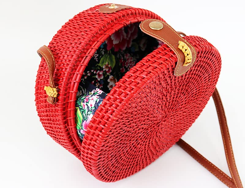 SHAREYOIU Candy Colors Handwoven Round Rattan Shoulders Handbags Natural Chic Hand Tropical Beach Style with Leather Strap (Big，7.87x 3.2 inch, 1#Blue)