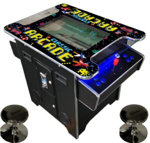 top us video arcades full size commercial grade cocktail arcade machine 2 player retro 60 games 22" lcd screen tempered glass 2 stools included 5 year warranty black