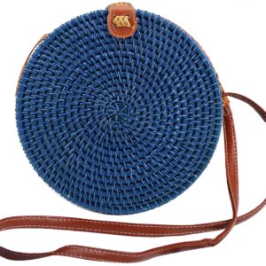 SHAREYOIU Candy Colors Handwoven Round Rattan Shoulders Handbags Natural Chic Hand Tropical Beach Style with Leather Strap (Big，7.87x 3.2 inch, 1#Blue)