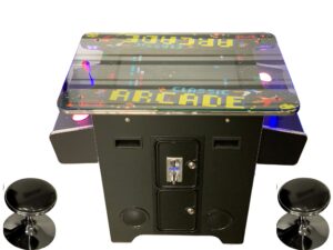 top us video arcades full size commercial grade cocktail arcade machine 2 player upgraded trackballs 412 games 22" lcd screen tempered glass 2 stools included 5 year warranty black