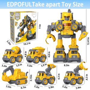 EDPOFUL Take Apart Robot Toys for Boys Construction Vehicles Assembled into 5-in-1 Robot by Big Screw Educational Building Sets with Drill Birthday STEM Gift for Kids 5-7 (13 inch,133Pcs)