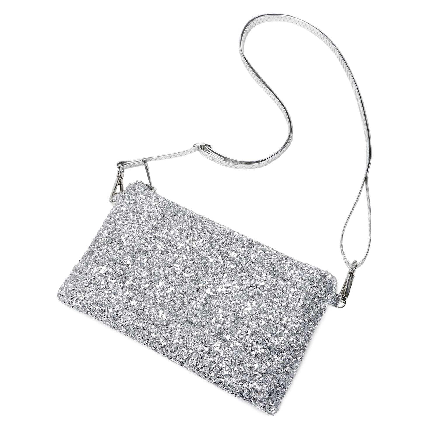 LAM GALLERY Sparkling Glitter Evening Clutch Silver Bride Purse for Wedding Bling Clutch Handbag for Party - Silver Shoulder Style