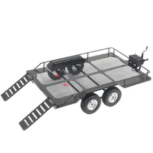 hitoxi rc car trailer, metal trailer cargo carrier with four tires for 4wd trx4 1/10 car, heavy duty truck crawler buggy truggy trail toy accessory, black