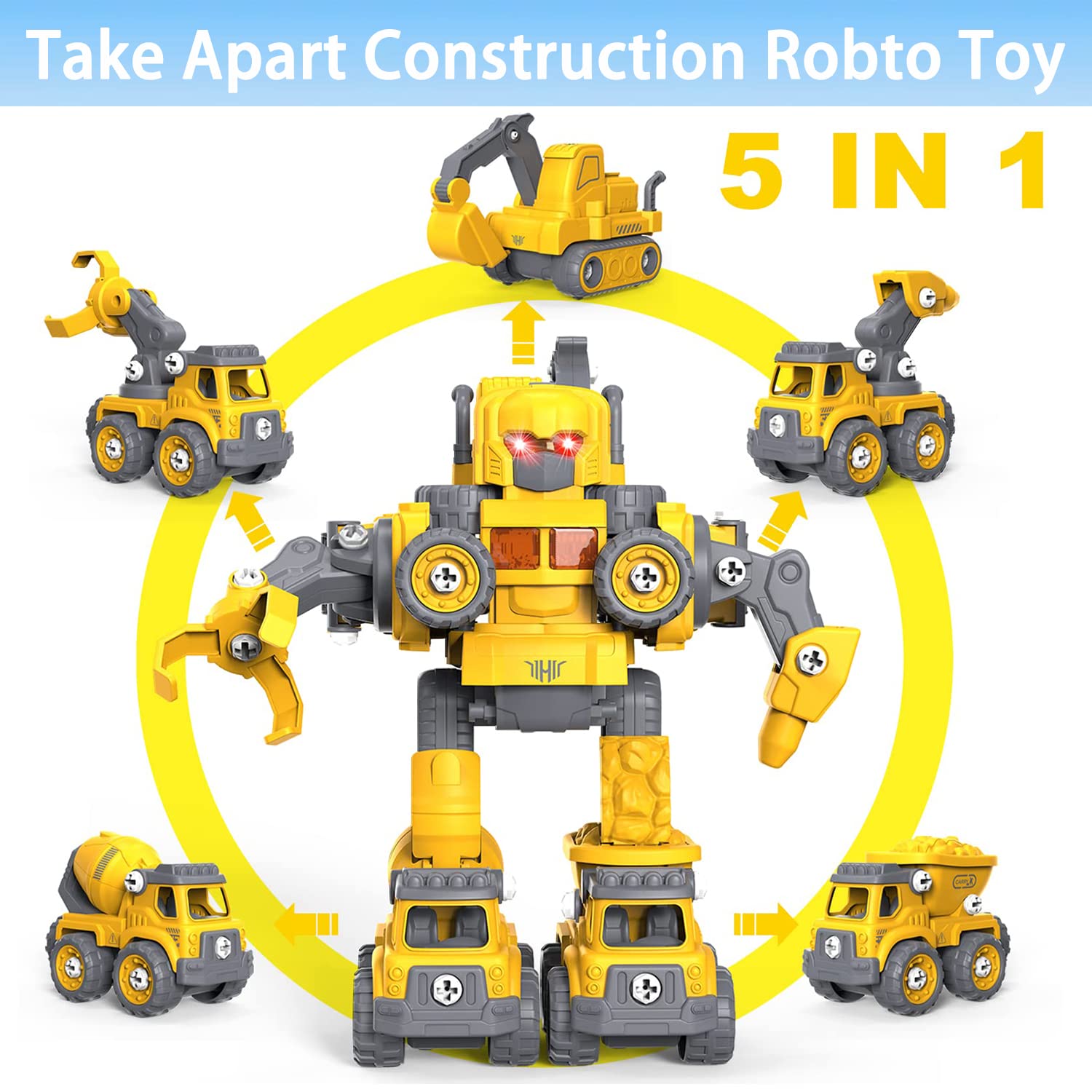 EDPOFUL Take Apart Robot Toys for Boys Construction Vehicles Assembled into 5-in-1 Robot by Big Screw Educational Building Sets with Drill Birthday STEM Gift for Kids 5-7 (13 inch,133Pcs)