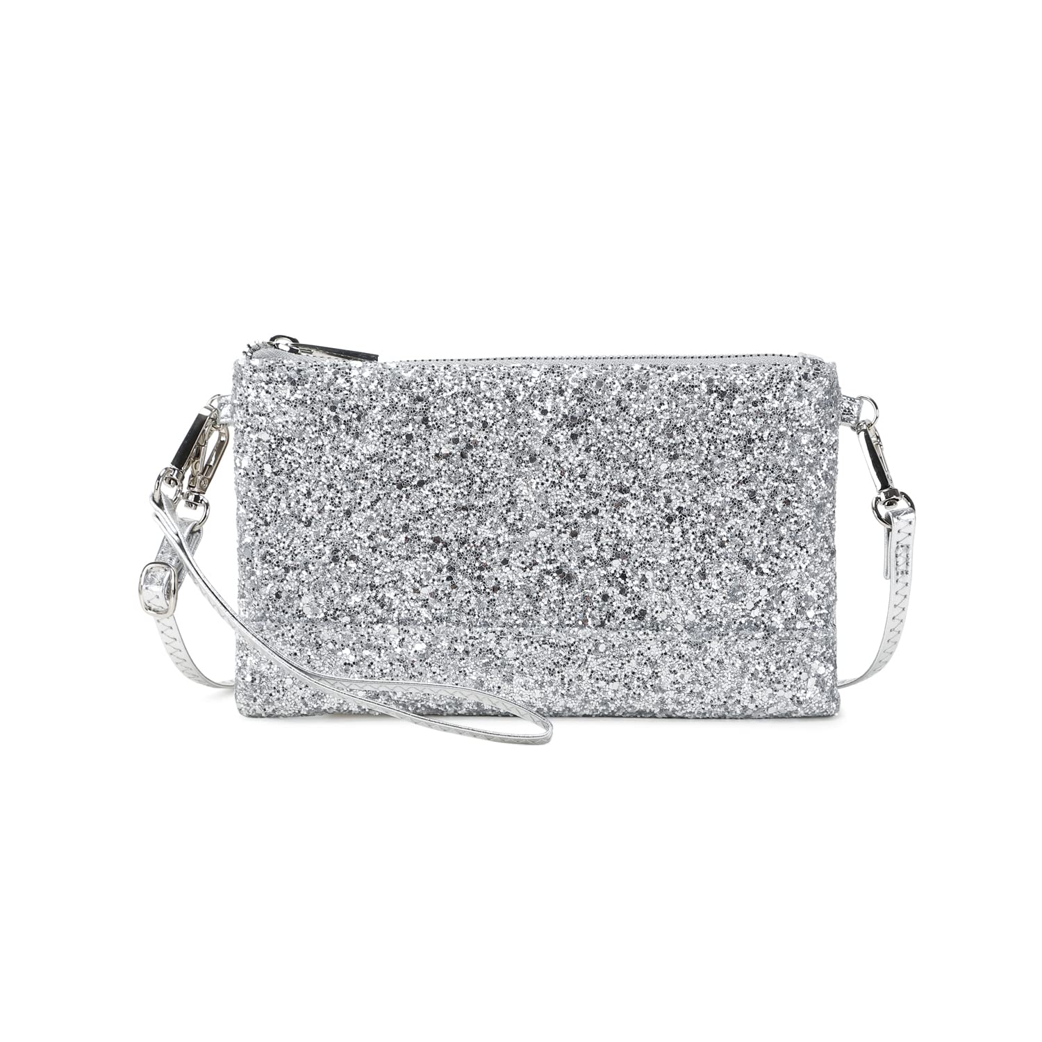 LAM GALLERY Sparkling Glitter Evening Clutch Silver Bride Purse for Wedding Bling Clutch Handbag for Party - Silver Shoulder Style