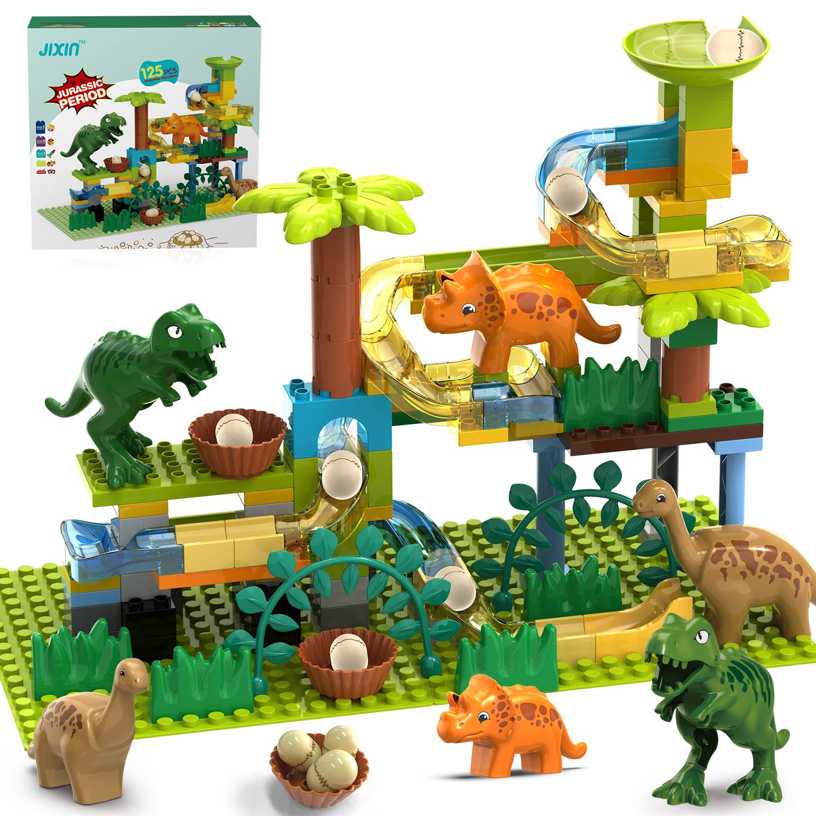 JIXIn Dinosaur Marble Runs for Kids 4-8/Building Blocks Compatible with DUPLO Lego Sets/Toddler Marble Run for Kids Ages 3-5/125 PCS Classic Big Blocks Montessori Learning STEM Toys for Kids Age 3+