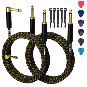 guitar cable 10 feet/2 pack-right angle+straight to straight instrument cable-gold plated nylon braided-90 degree 1/4 inch ts electric bass guitar cord amp cable 6.35mm male with 6 guitar picks+5 ties