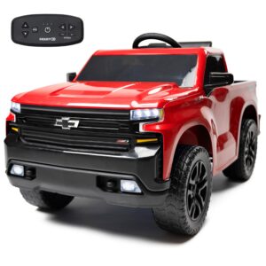 12v chevy silverado ride on truck with high speed mode (5 mph) & parent remote control, kid's battery powered licensed electric vehicle, led lights, real tailgate, & truck sounds, by readygo - red