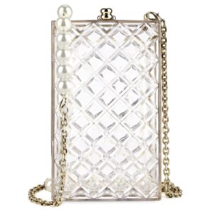 linkidea acrylic clear purse, women's clear clutch bag, transparent stadium approved crossbody shoulder evening handbag with detachable pearl chain for wedding, party