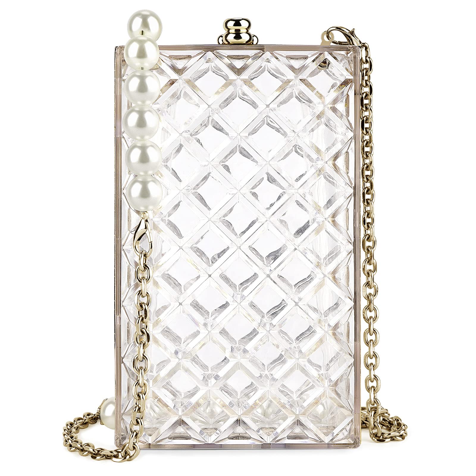 Linkidea Acrylic Clear Purse, Women's Clear Clutch Bag, Transparent Stadium Approved Crossbody Shoulder Evening Handbag with Detachable Pearl Chain for Wedding, Party