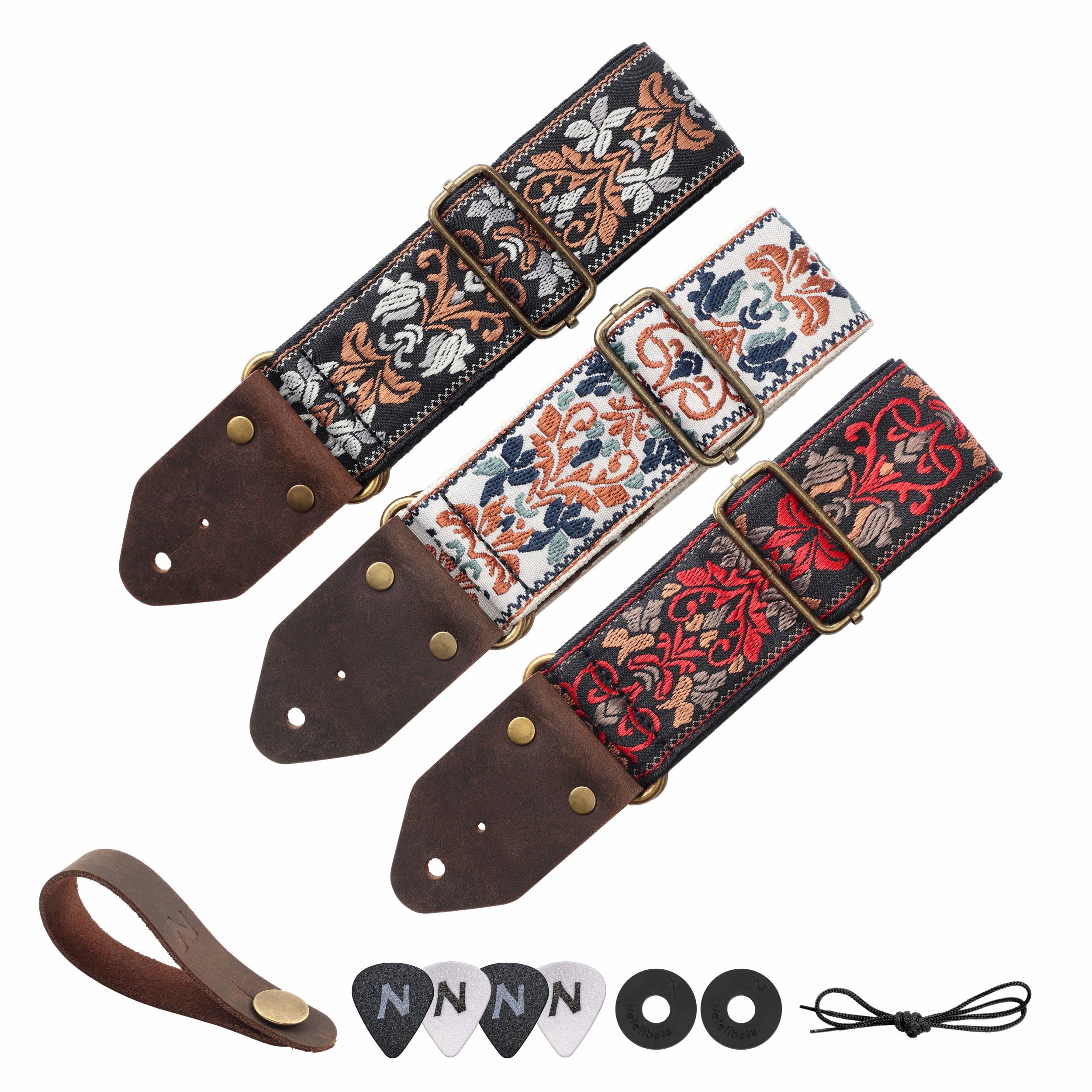 Nefelibata Guitar Strap,Jacquard Embroidery Cotton Guitar Straps with Crazy Horse Leather Ends for Bass, Electric & Acoustic, Best Gifts for Kids, Guitarists(Golden Jacquard)