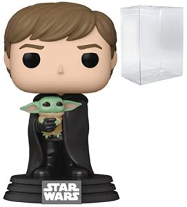 pop star wars: the mandalorian - luke skywalker with grogu funko vinyl figure (bundled with compatible box protector case), multicolor, 3.75 inches