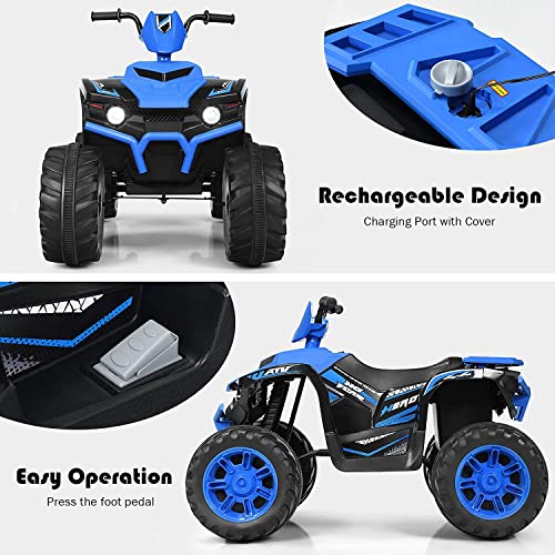 OLAKIDS 12V Kids Ride On ATV, 4 Wheeler Electric Vehicle for Toddlers, Battery Powered Motorized Quad Toy Car for Boys Girls with LED Lights, Music, Horn, High Low Speed, Soft Start (Blue)