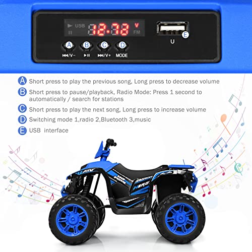 OLAKIDS 12V Kids Ride On ATV, 4 Wheeler Electric Vehicle for Toddlers, Battery Powered Motorized Quad Toy Car for Boys Girls with LED Lights, Music, Horn, High Low Speed, Soft Start (Blue)