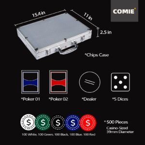 Comie Poker Chips,500PCS Poker Chip Set with Aluminum Travel Case,11.5 Gram Poker Set for Texas Holdem Blackjack Gambling