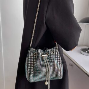 Hyuyikuwol Women Rhinestones Crystal Clutch Drawstring Bucket Bag Mini Evening Bags Crossbody Purses Pearl Party Prom Wedding, Blue