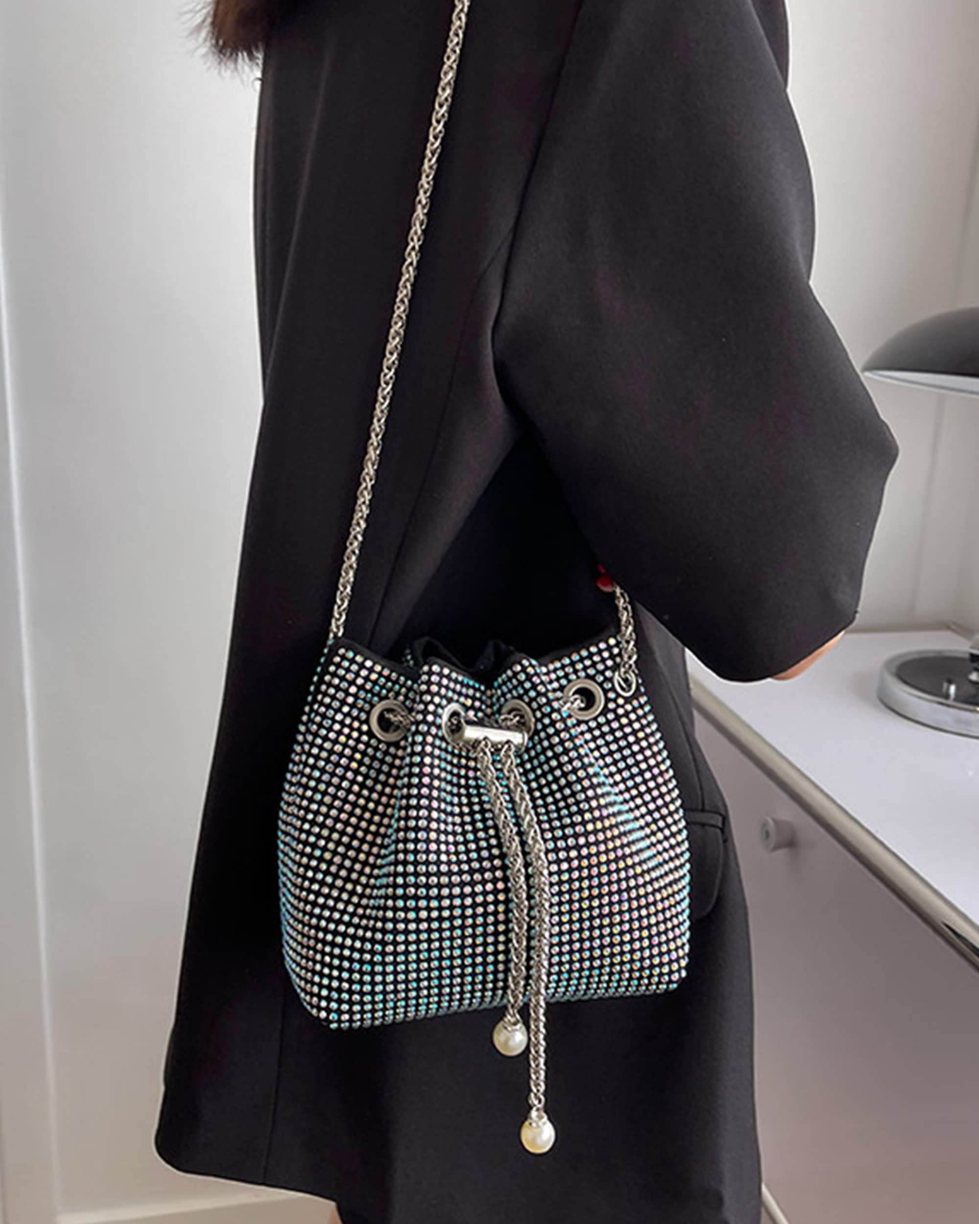 Hyuyikuwol Women Rhinestones Crystal Clutch Drawstring Bucket Bag Mini Evening Bags Crossbody Purses Pearl Party Prom Wedding, Blue