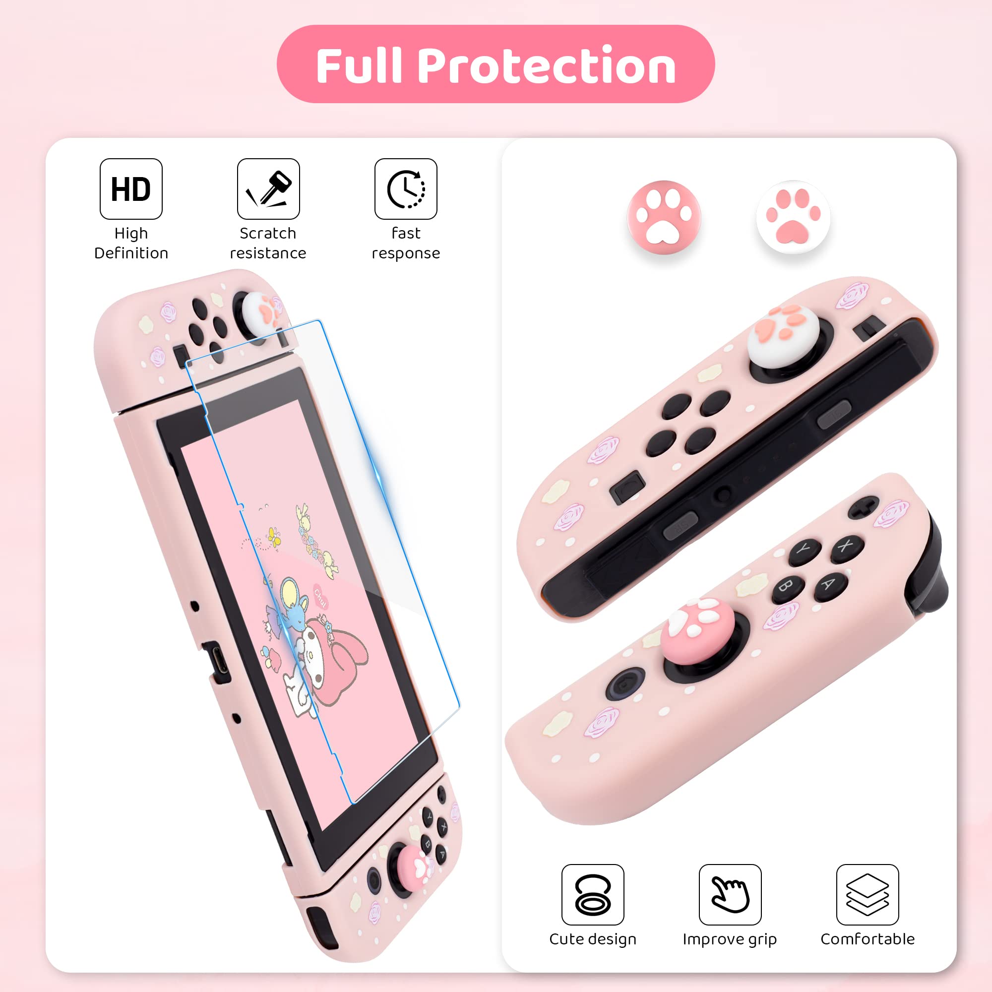 FUNDIARY Pink Bunny Theme Carrying Case for Nintendo Switch, Cute Storage Bag Accessories Bundle for Switch with TPU Protective Cover, Screen Protector, Adjustable Shoulder Strap and 2 Thumb Grips