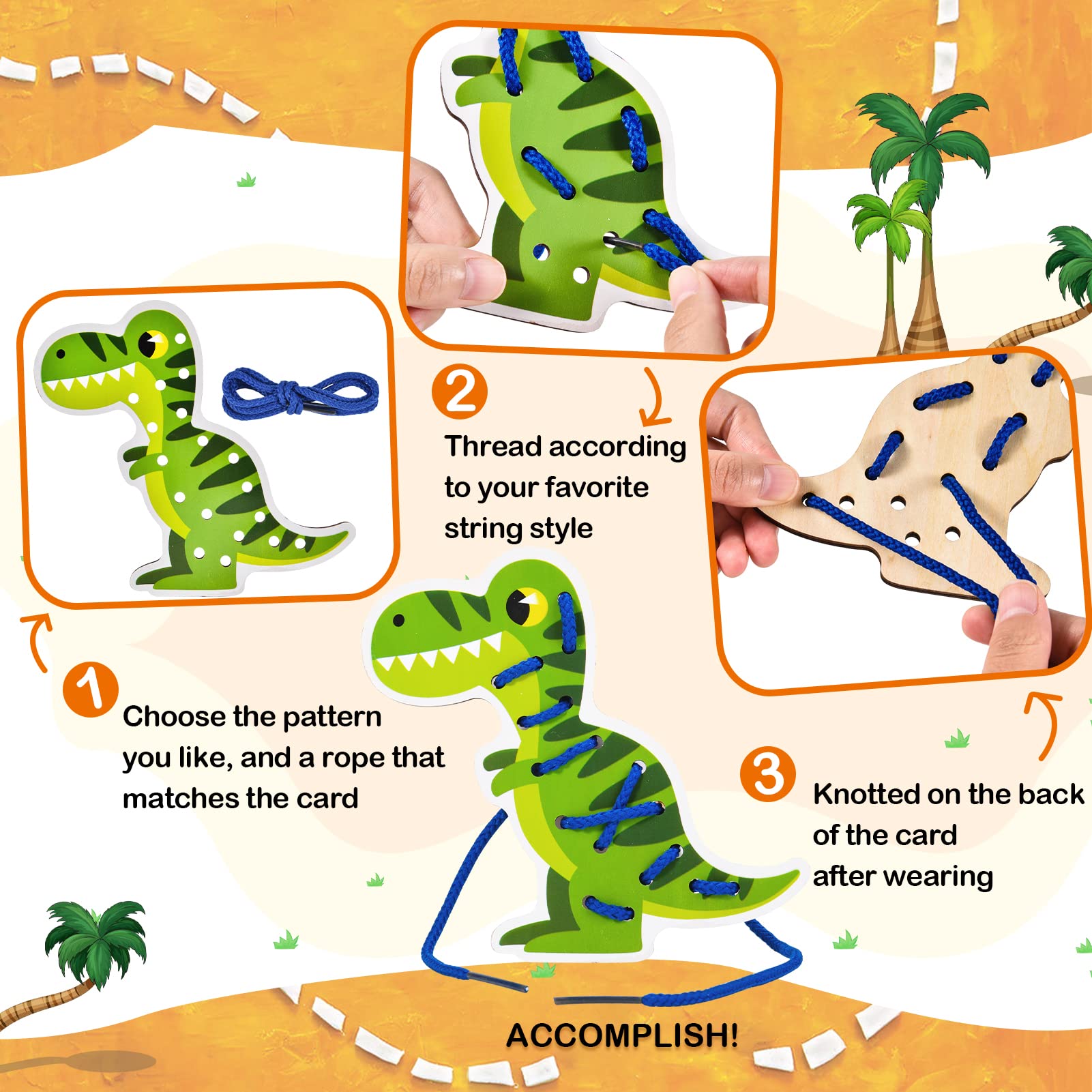 Atoylink 5 Pack Dinosaur Lacing Cards Wooden Threading Lacing Toy for Toddlers Travel Toys Preschool Games Fine Motor Skills Educational Toys for 3+ Year Old Kids Gifts