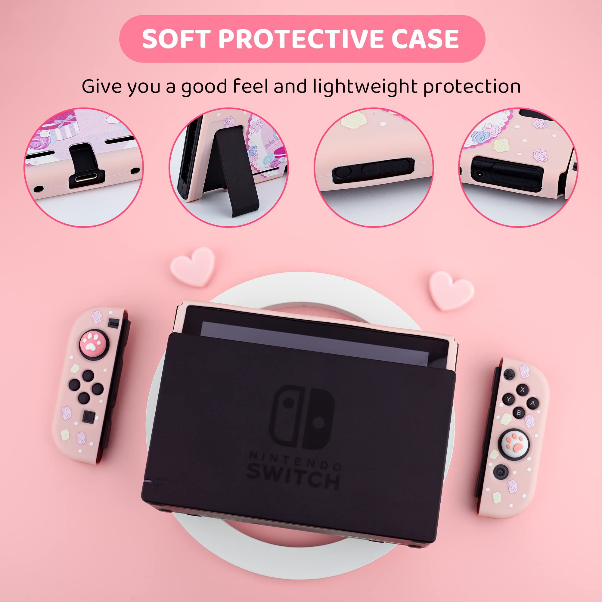 FUNDIARY Pink Bunny Theme Carrying Case for Nintendo Switch, Cute Storage Bag Accessories Bundle for Switch with TPU Protective Cover, Screen Protector, Adjustable Shoulder Strap and 2 Thumb Grips