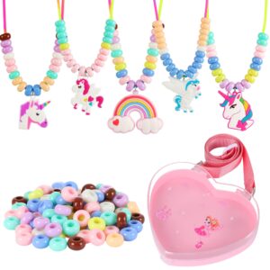 flyingseeds unicorn jewelry making kit, 5 rubber necklaces and charms with 100 big holes beads toy set, beading arts and crafts, ideal gifts for girls preschoolers toddlers kids age 3 4 5 6 7 8 9 10