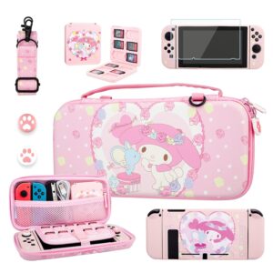 rhotall cute bunny carrying case for nintendo switch, pink potable travel case accessories bundle for switch with protective shell, shoulder strap, game card case, screen protector and 2 thumb caps