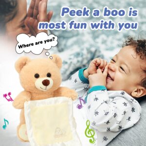 Hopearl Peek A Boo Bear with Security Blanket Interactive Repeats What You Say Plush Teddy Bear Toy Musical Singing Talking Stuffed Animal Adorable Electric Animate Birthday Festival, Beige, 11''